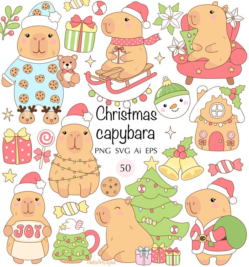 Christmas Capybara Clipart, Cute Holiday Animals, PNG SVG EPS Ai ...