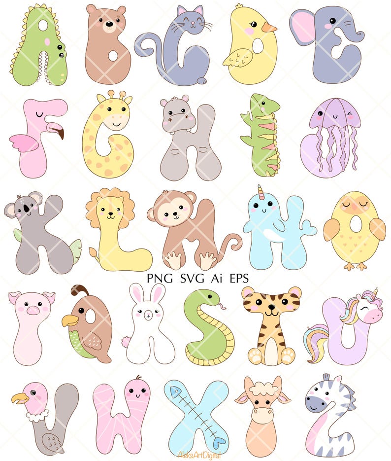 Animal Alphabet Clipart: Safari Wooden Letters, PNG SVG Bundle (digital ...