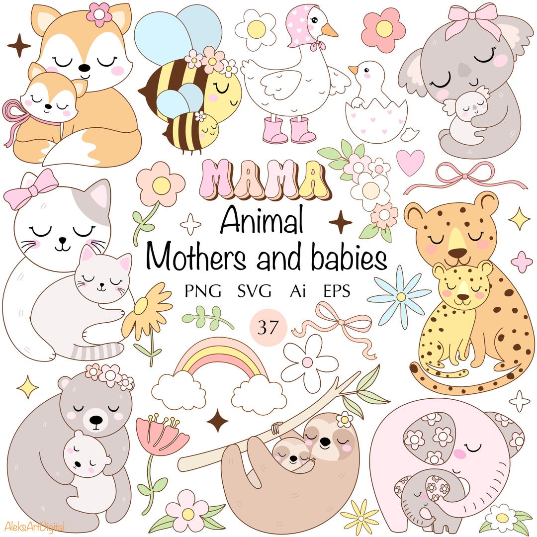 Retro Animal Moms and Babies Clipart: Groovy SVG Bundle (37 Files) - Etsy