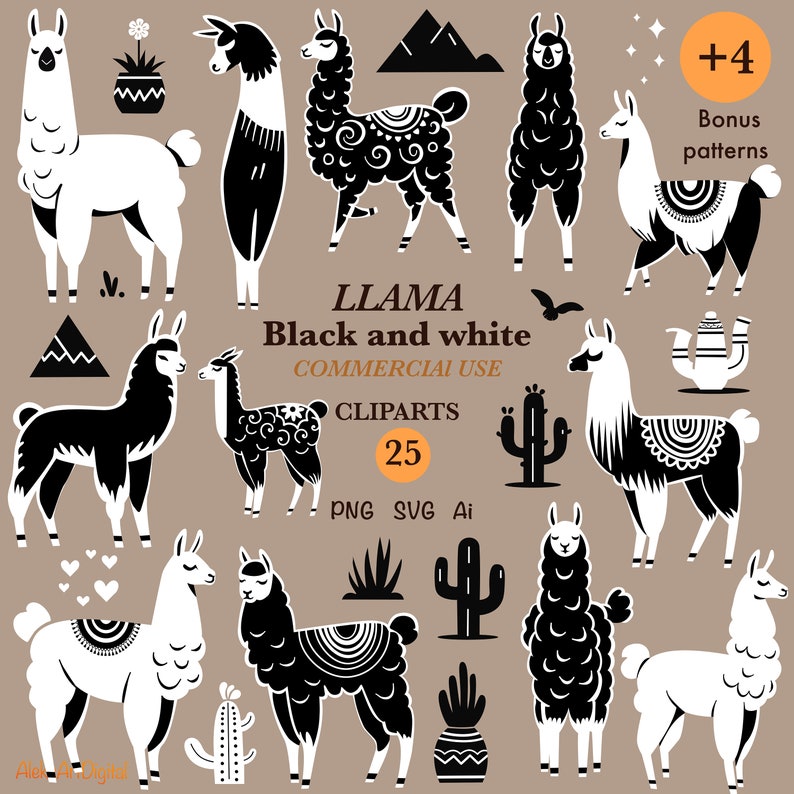 Alpaca Bundles SVG Black and White Graphic Image of Llamas. Set of 25 ...