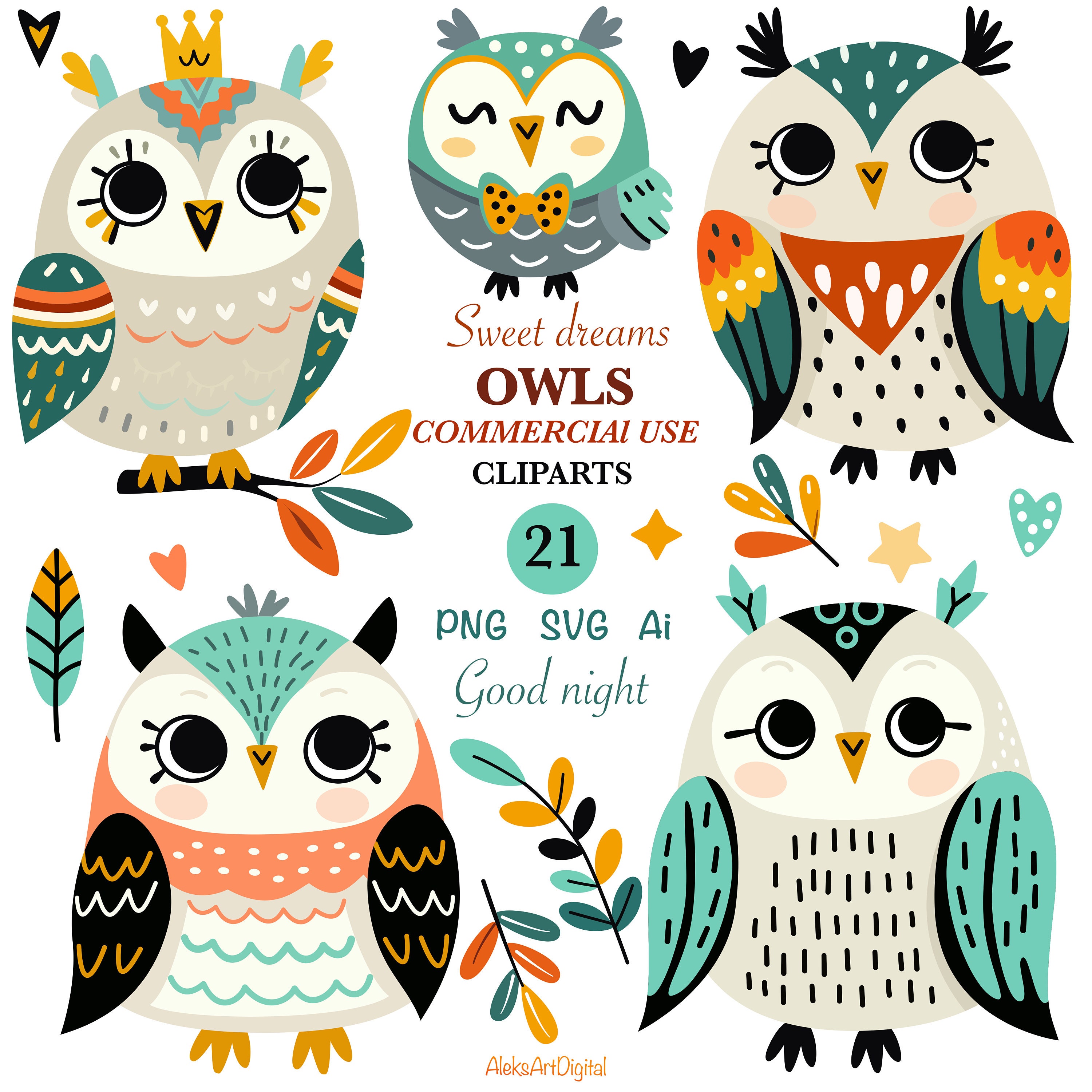 Vector Clipart of Adorable Cute Owls With Different Patterns and Colors ...