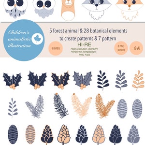 Forest Animals Set Fawn Owl Hare and Fox, Seamless Pattern of Autumn ...