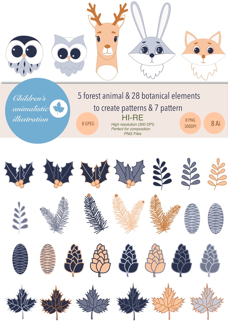 Forest Animals Set Fawn Owl Hare and Fox, Seamless Pattern of Autumn ...
