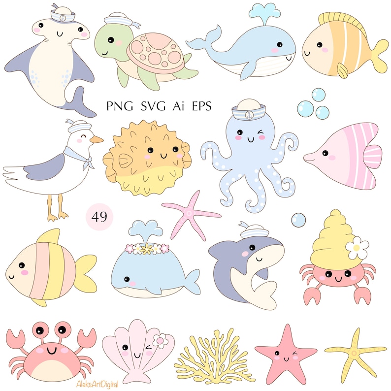 Nautical Summer Clipart 49 SVG Cute Baby PNG Kawaii Ocean Animal Beach ...