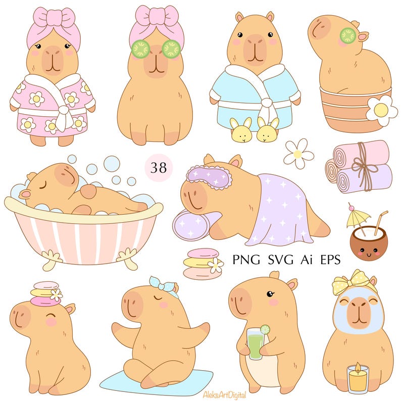 Capybara Spa Day Clipart: Relax Animals, Kawaii PNG SVG (38 Files) - Etsy