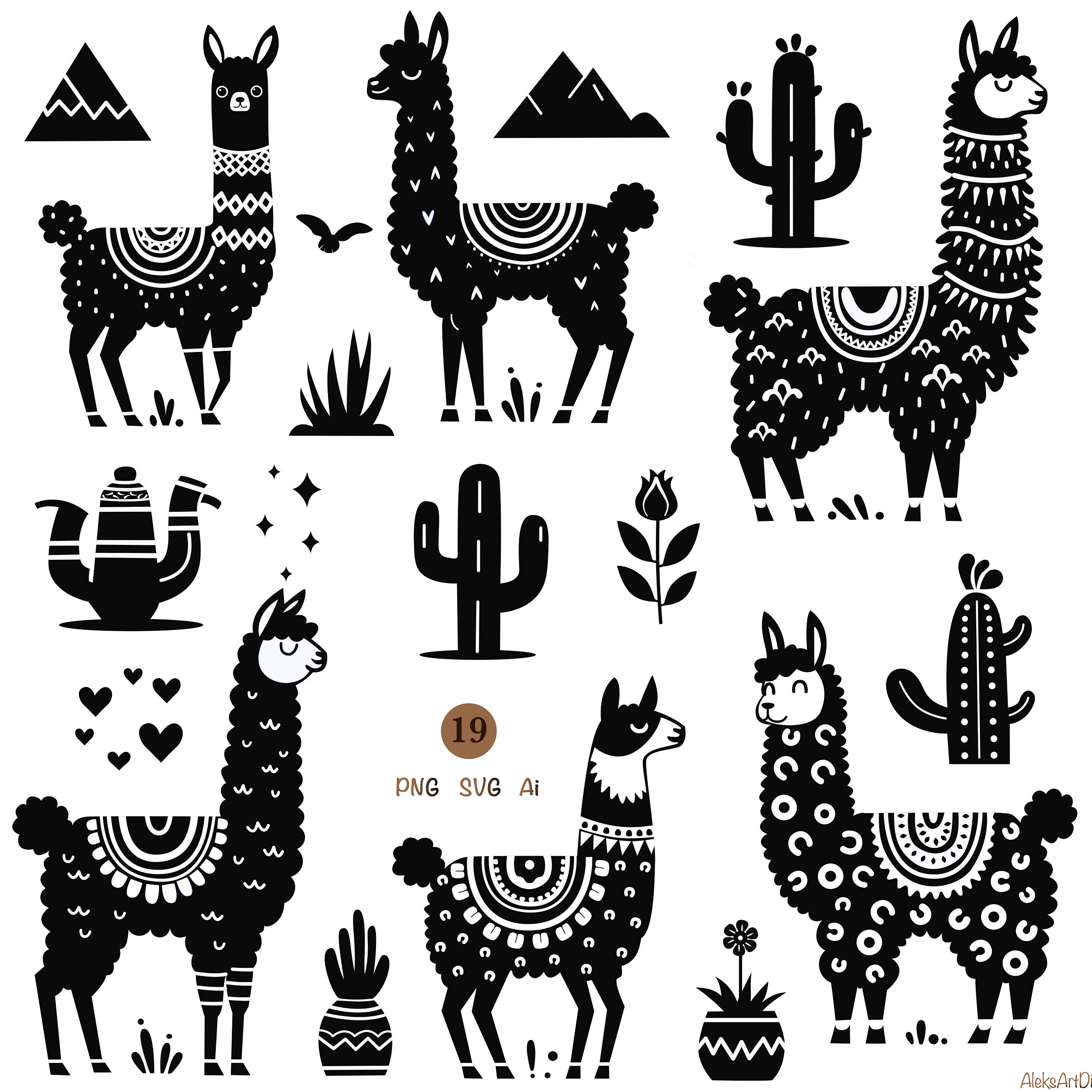 Llama Clipart SVG, Llama Black and White Illustration PNG, Alpaca Set ...