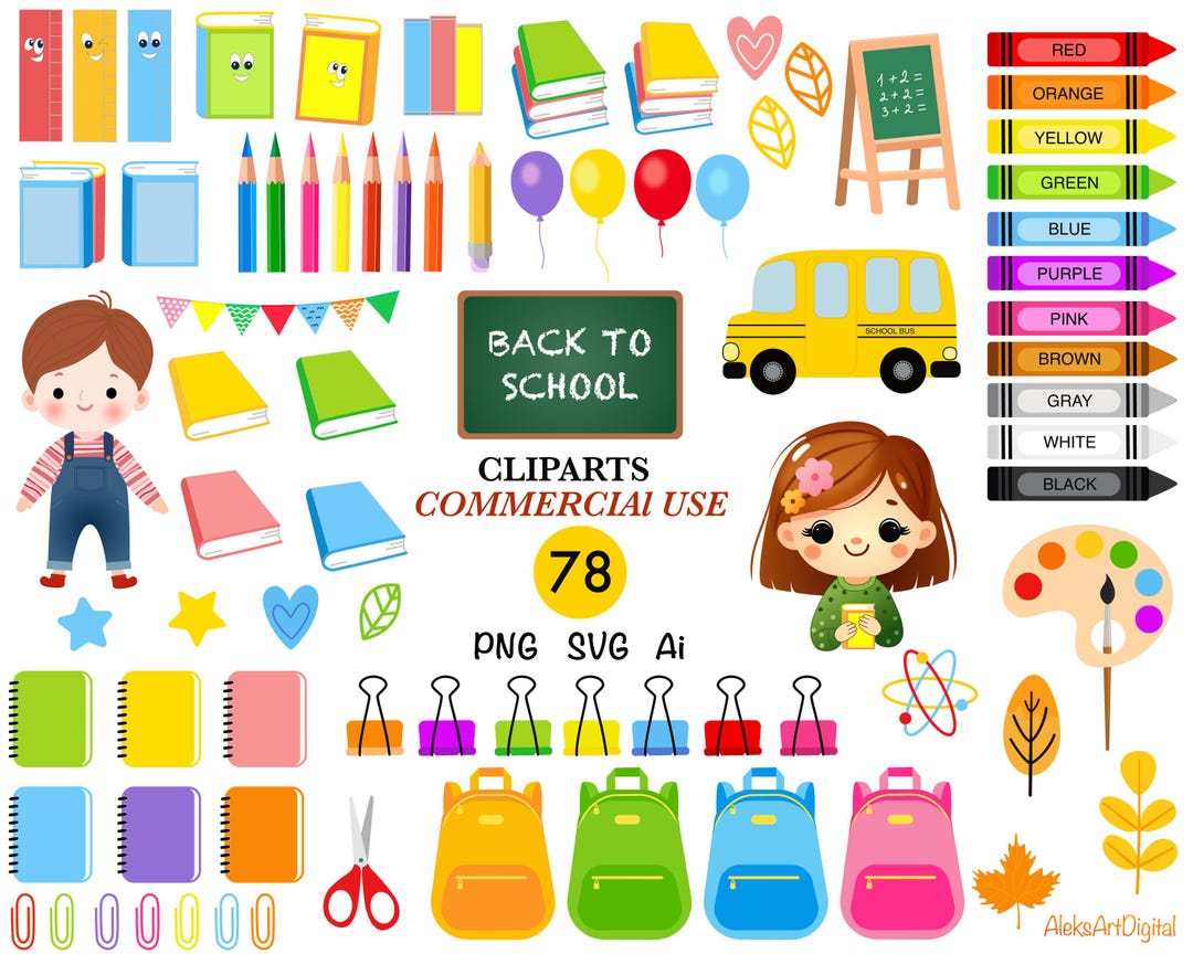 School Supplies Clipart Set SVG, School Clipart Bundle PNG, Art ...