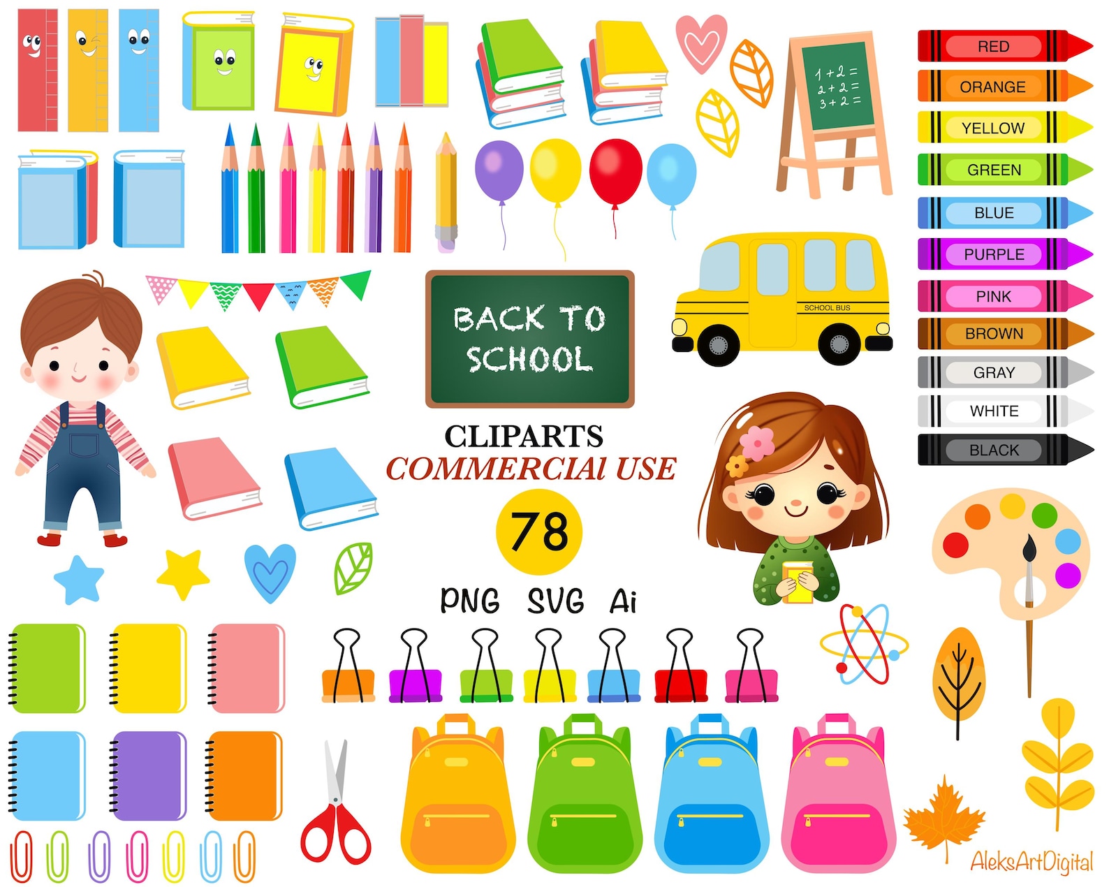 School Supplies Clipart Set SVG, School Clipart Bundle PNG, Art ...