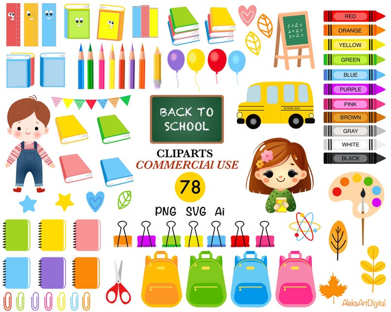School Supplies Clipart Set SVG, School Clipart Bundle PNG, Art ...