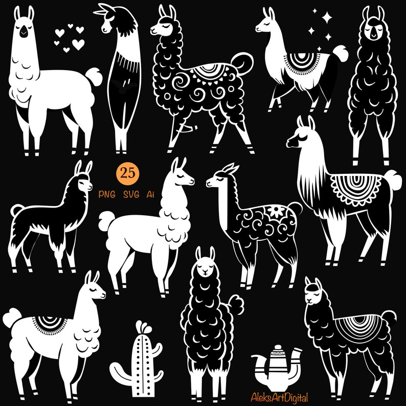 Alpaca Bundles SVG Black and White Graphic Image of Llamas. Set of 25 ...