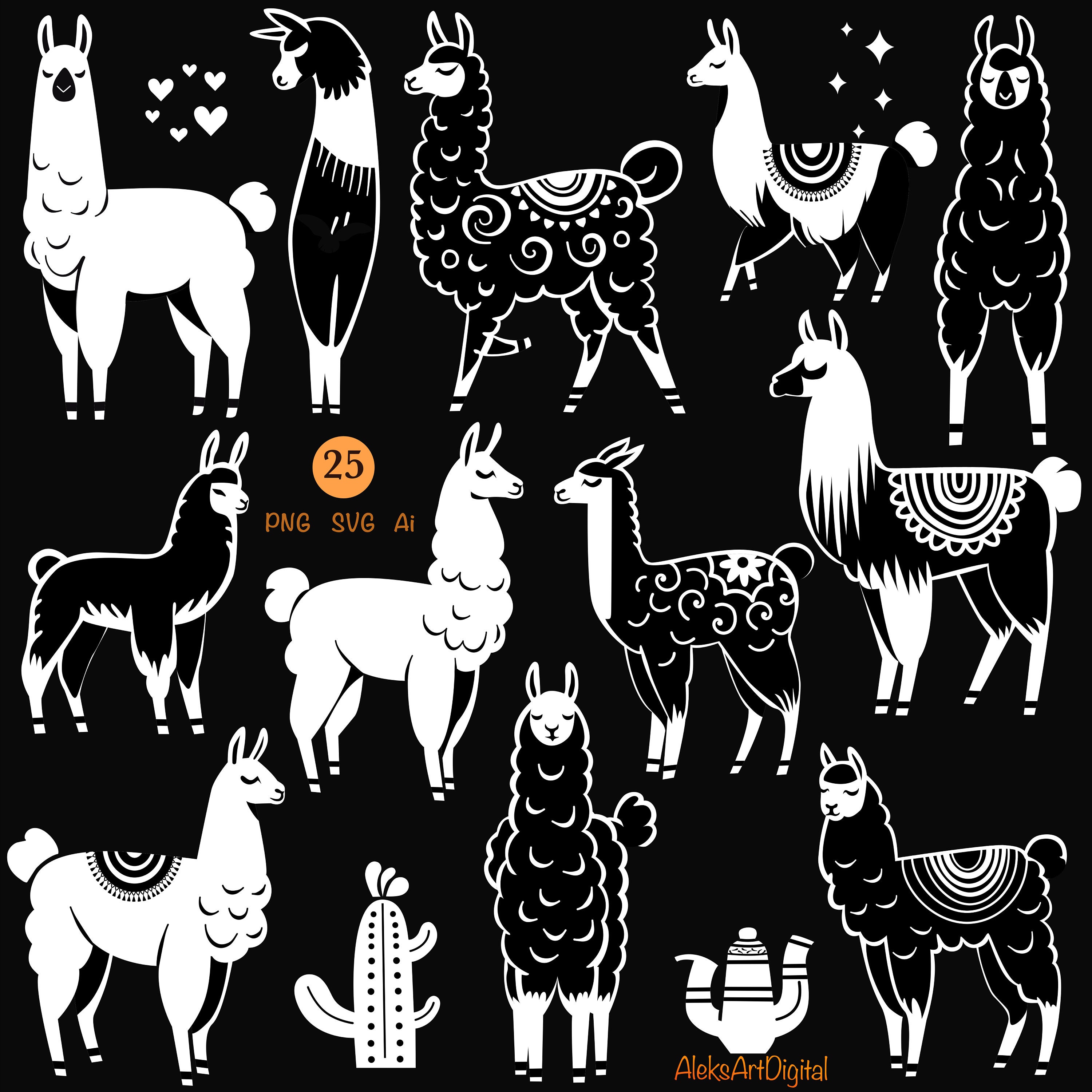 Alpaca Bundles SVG Black and White Graphic Image of Llamas. Set of 25 ...