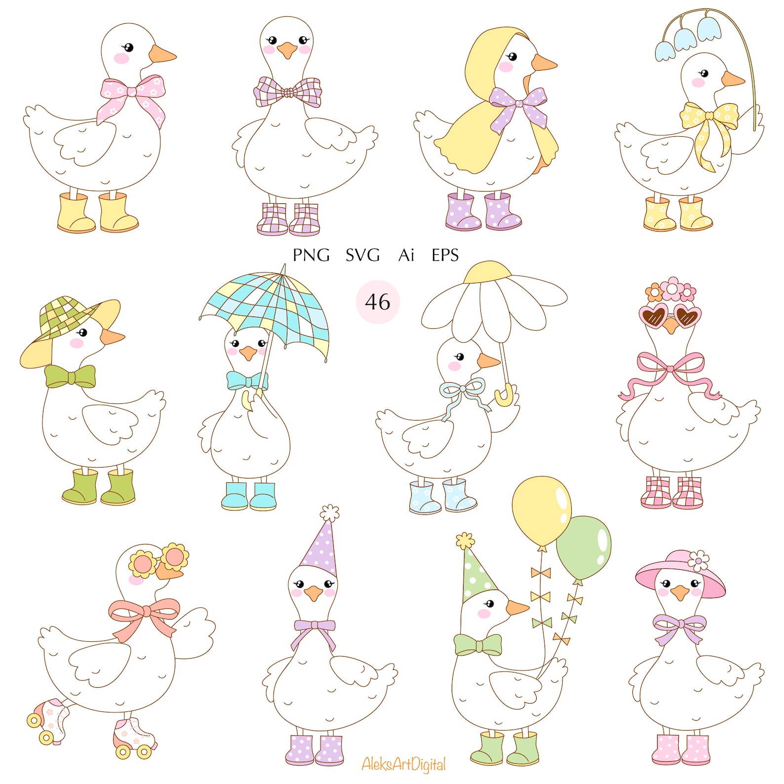 Cute Groovy Silly Goose Clipart Set 46 SVG PNG in Soft Pastel Colors ...