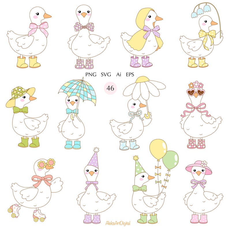 Cute Groovy Silly Goose Clipart Set 46 SVG PNG in Soft Pastel Colors ...