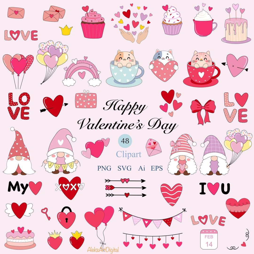 Valentine's Day Clipart: Kittens, Gnomes, Hearts (digital Download) - Etsy