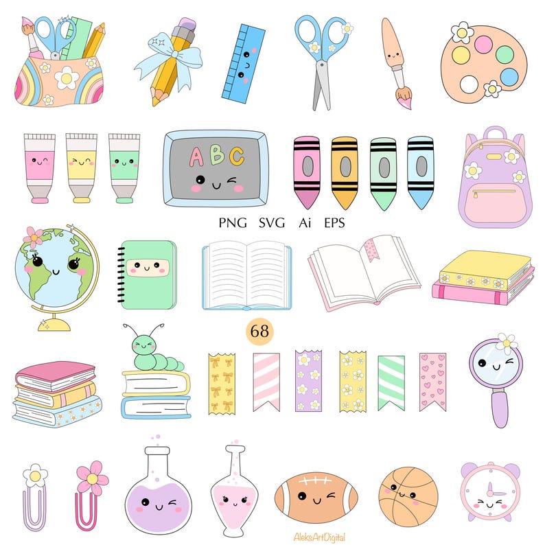 Retro School Clipart, Pastel School Supplies (svg, Png, Ai, Eps) - Etsy