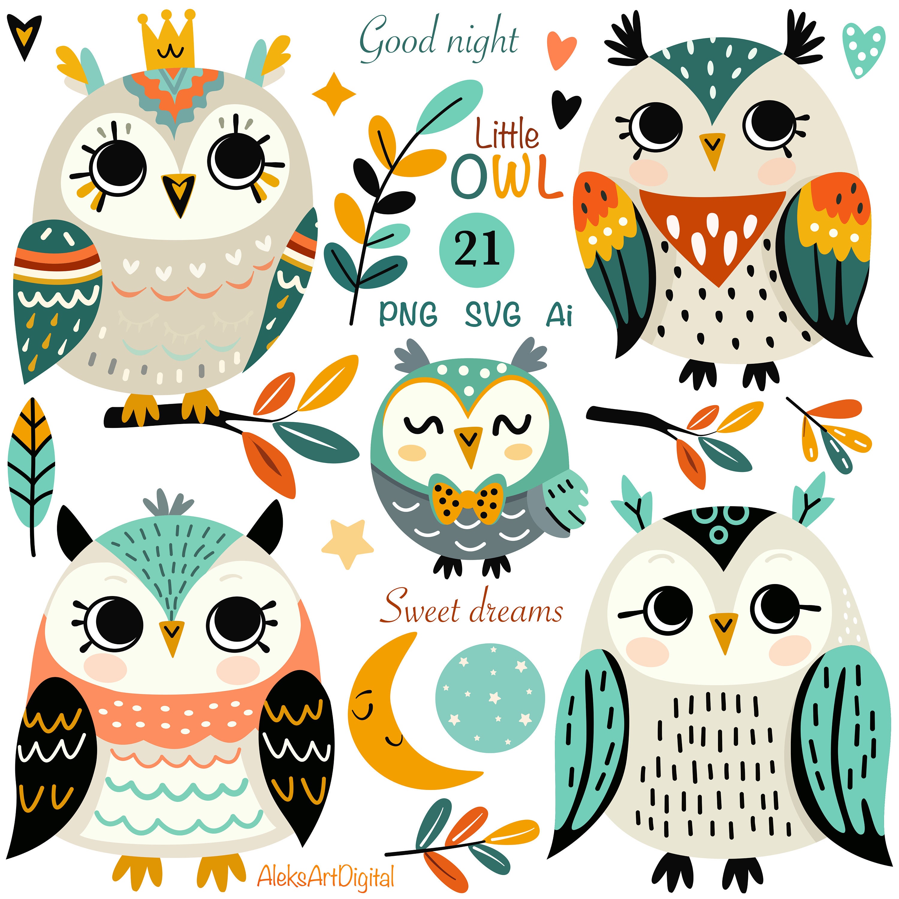 Vector Clipart of Adorable Cute Owls With Different Patterns and Colors ...