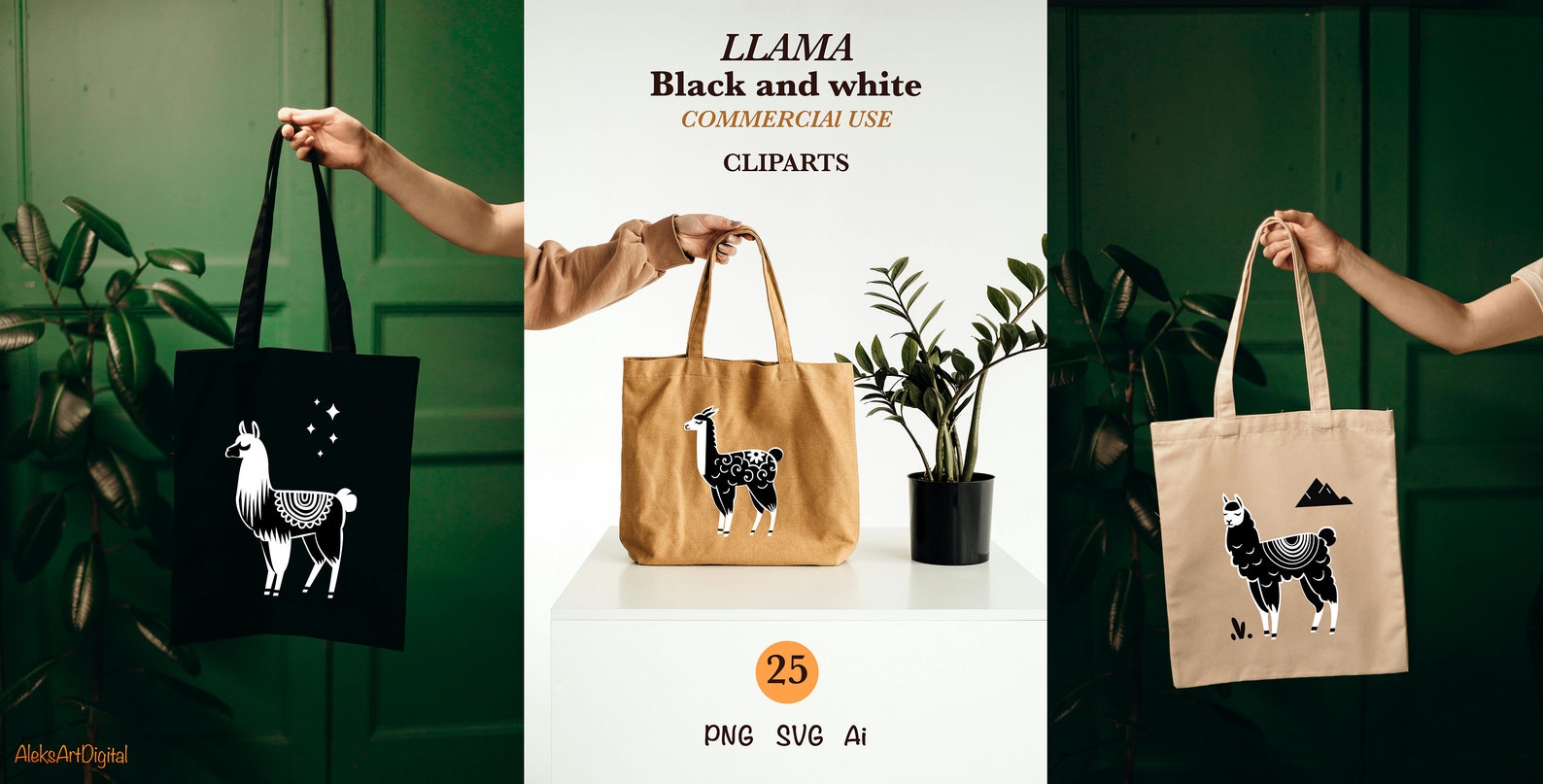 Alpaca Bundles SVG Black and White Graphic Image of Llamas. Set of 25 ...