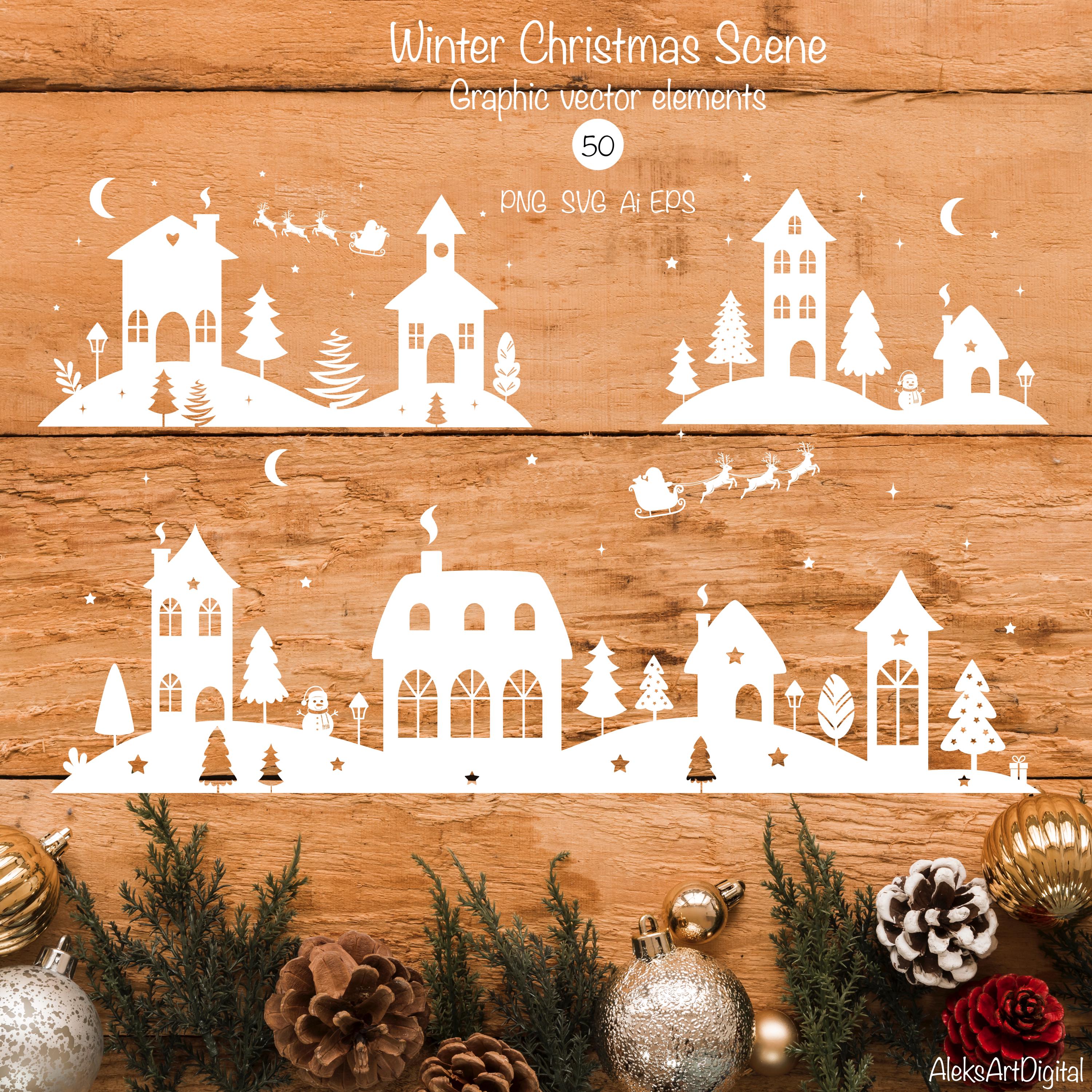 Christmas Scene SVG Clipart: Winter Village Vector Graphics (digital ...