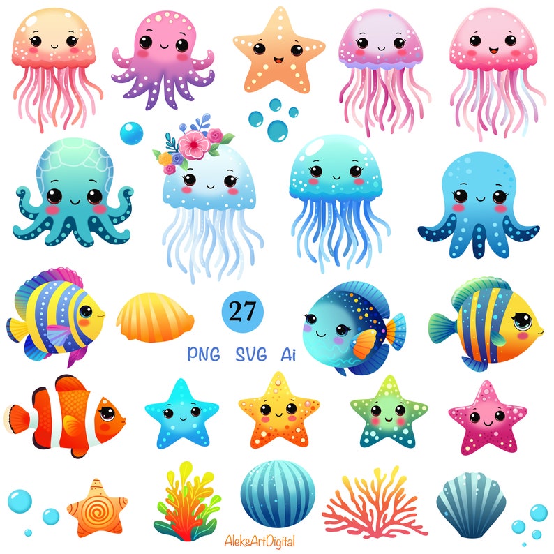 Under the Sea Clipart: Fish, Jellyfish, Octopus, Starfish (PNG, SVG, AI ...