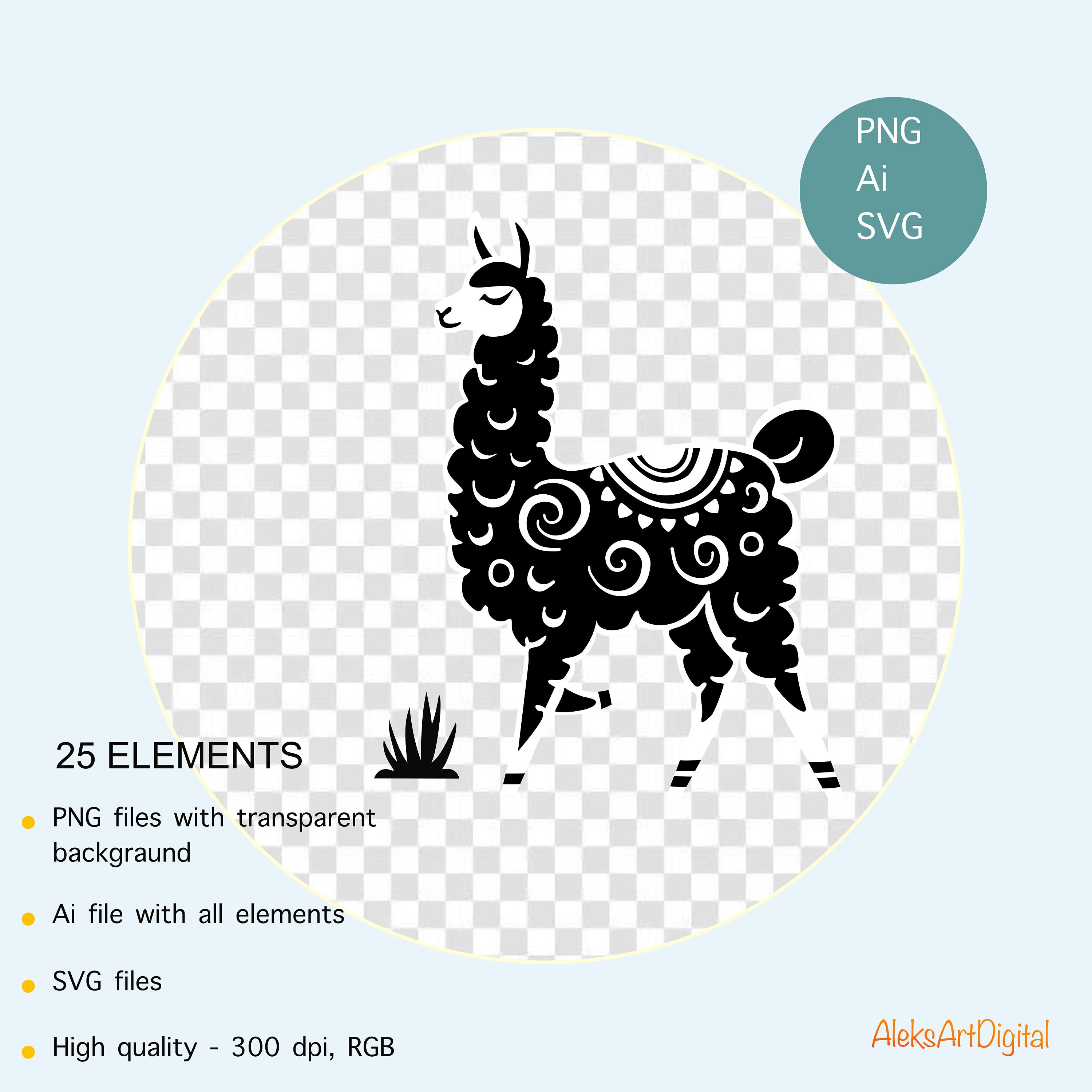 Alpaca Bundles SVG Black and White Graphic Image of Llamas. Set of 25 ...