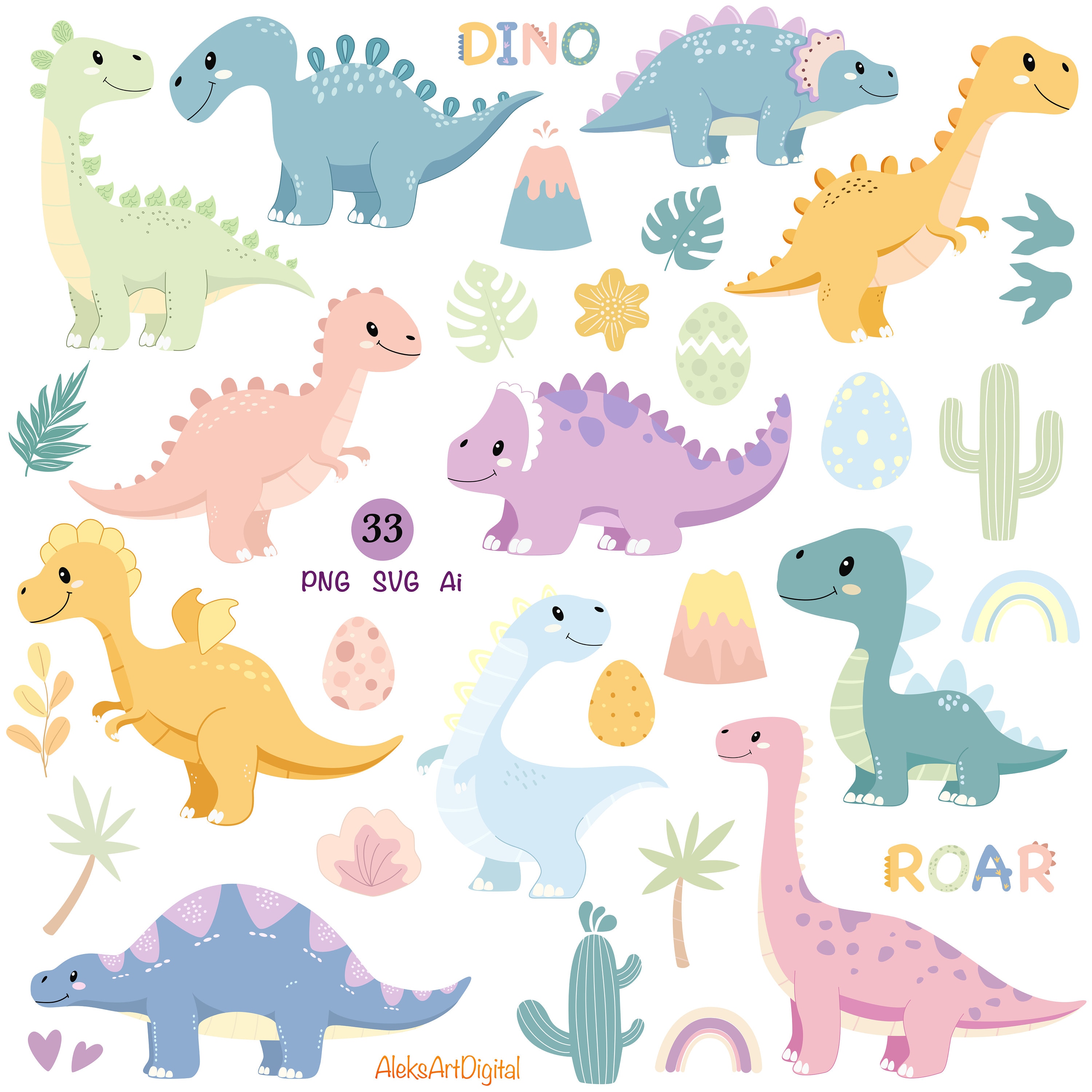 Pastel Dinosaurs Clipart: Baby Dino PNG, SVG Bundle (digital Download ...