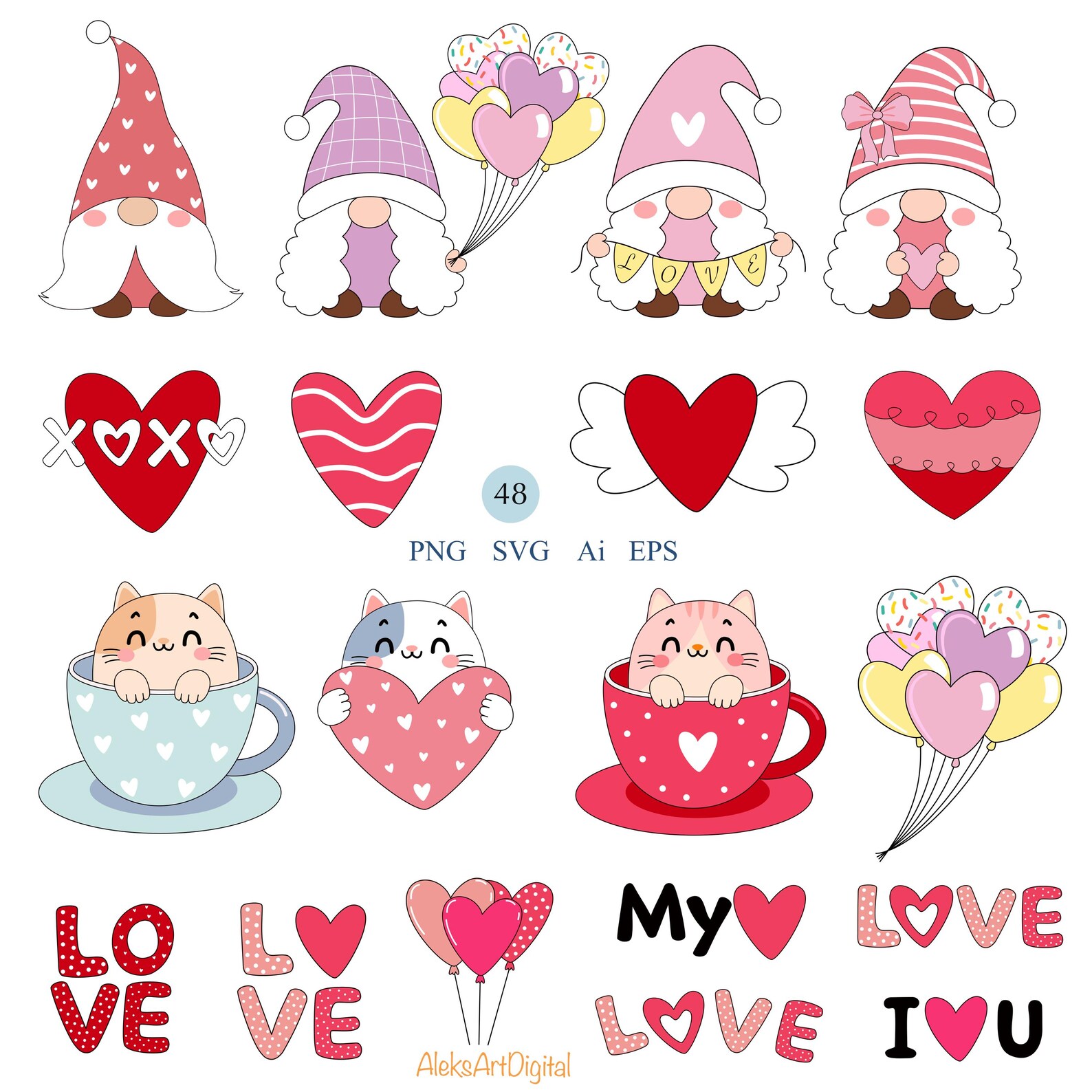 Valentine's Day Clipart: Kittens, Gnomes, Hearts (digital Download) - Etsy