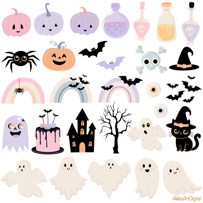 Pastel Halloween Clipart Bundle, Cute Ghosts, Pumpkins (SVG, PNG, AI ...