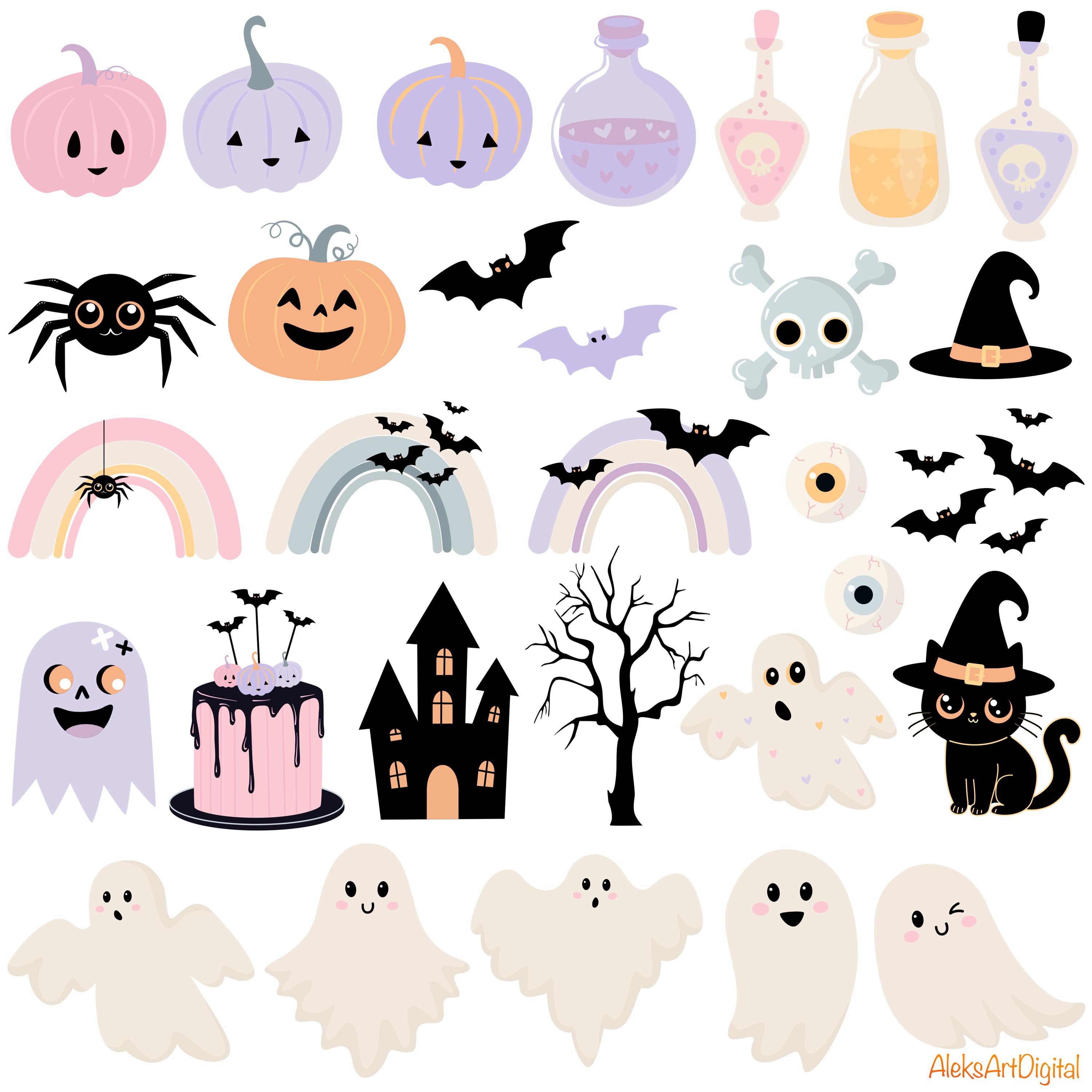 Pastel Halloween Clipart Bundle, Cute Ghosts, Pumpkins (SVG, PNG, AI ...