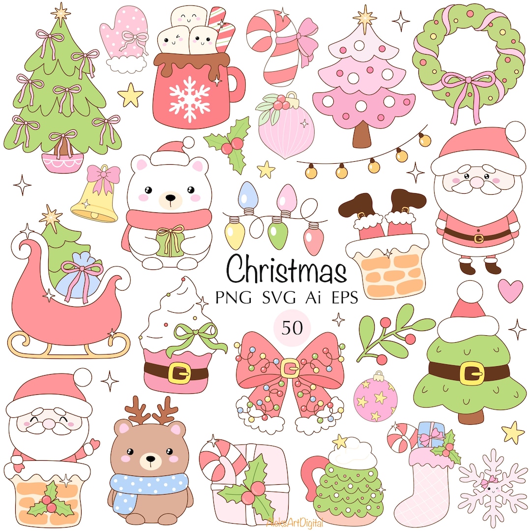 Pastel Christmas Clipart Set: Festive Kawaii PNG & SVG (digital ...
