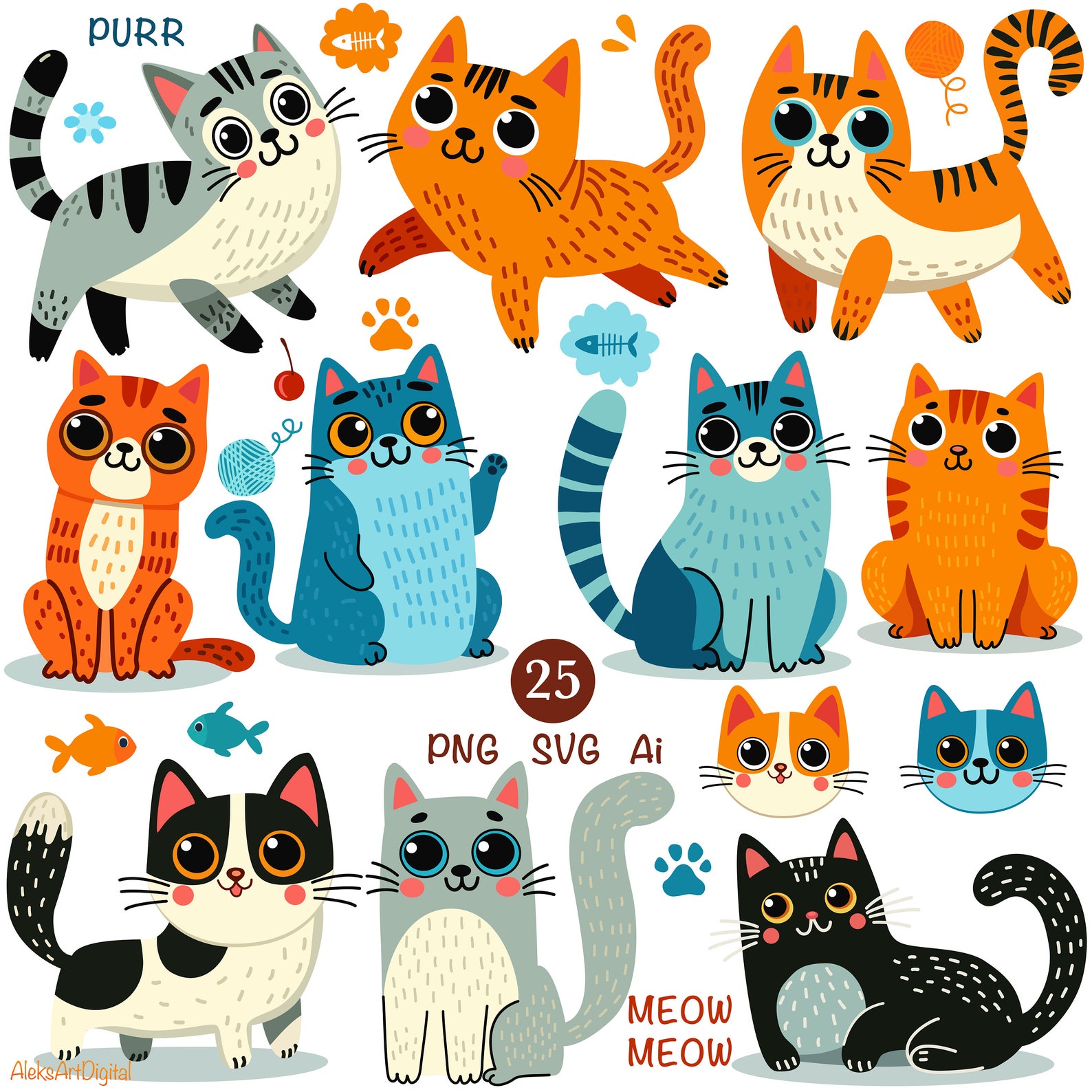 Cute Cats 25 Images Clipart SVG, Bundle of Funny Cat Drawings Printable ...