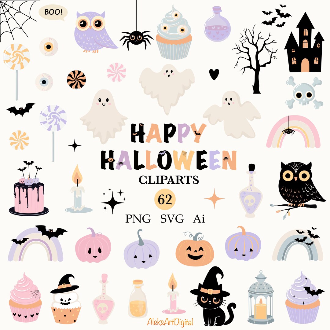 Halloween Pastel Bundle SVG, Cute Halloween Clipart in Soft Pastel ...
