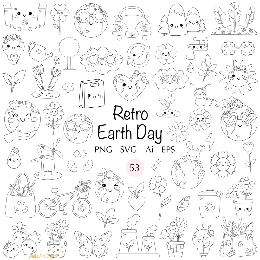 Retro Digital Earth Day Outline Clipart Png Groovy Flowers Power ...