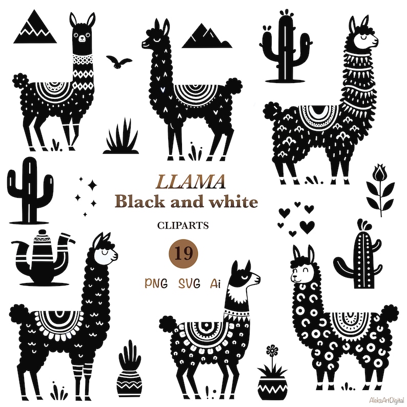 Llama Clipart SVG, Llama Black and White Illustration PNG, Alpaca Set ...
