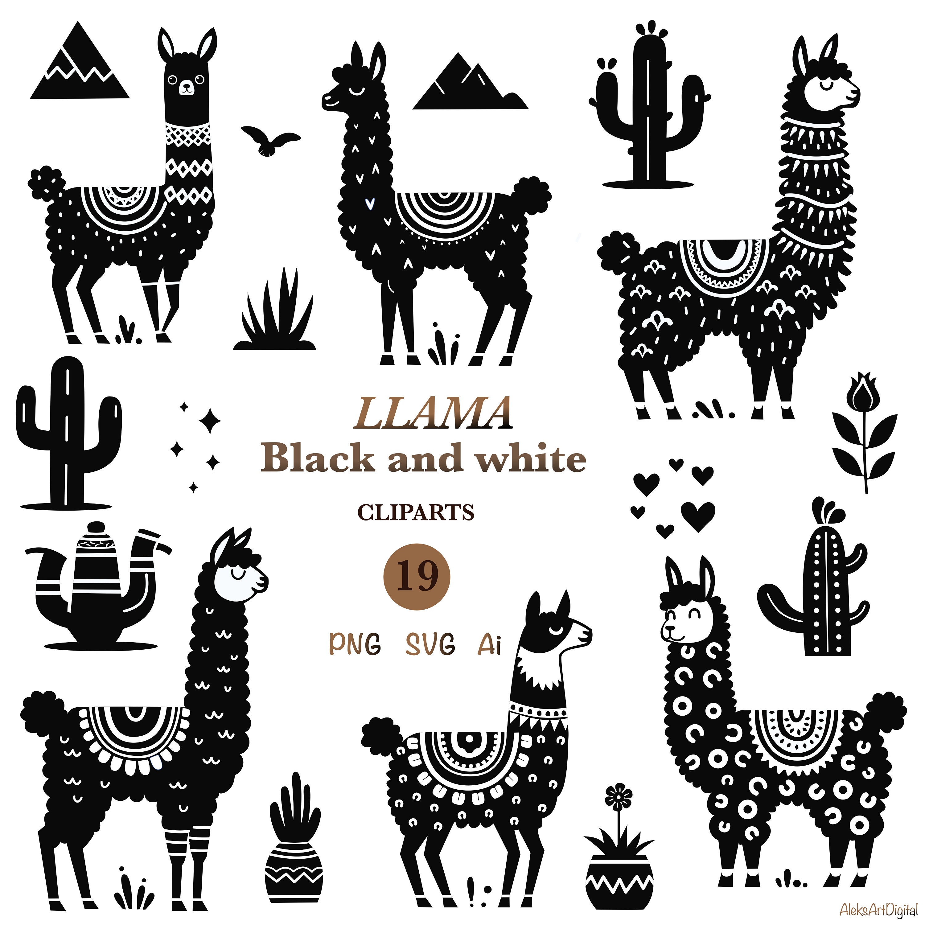 Llama Clipart SVG, Llama Black and White Illustration PNG, Alpaca Set ...