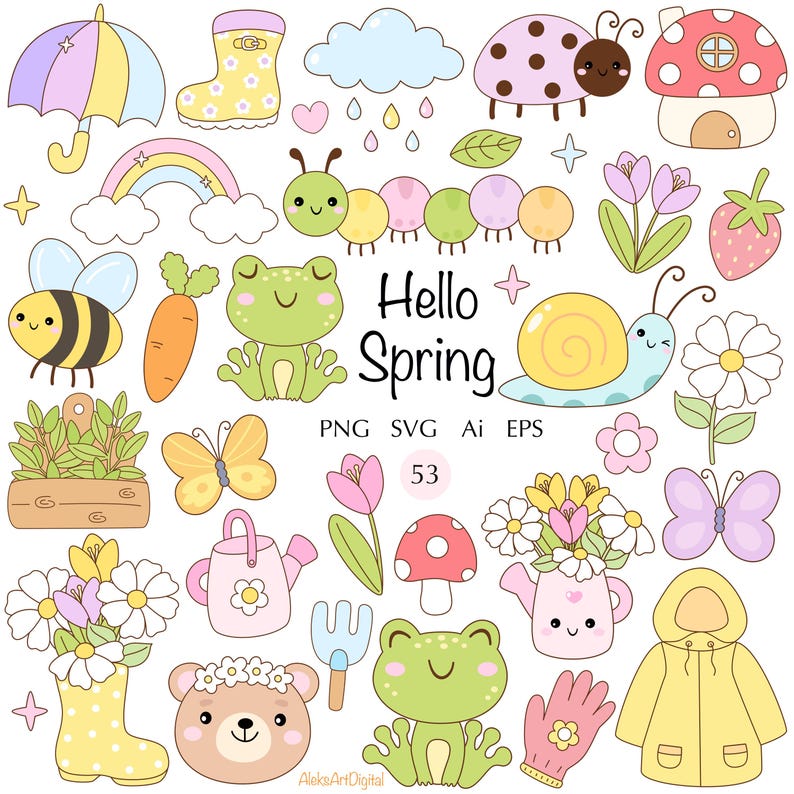 Spring Animals Clipart, Frog, Flowers, Insects (png, Svg, Ai, Eps) - Etsy