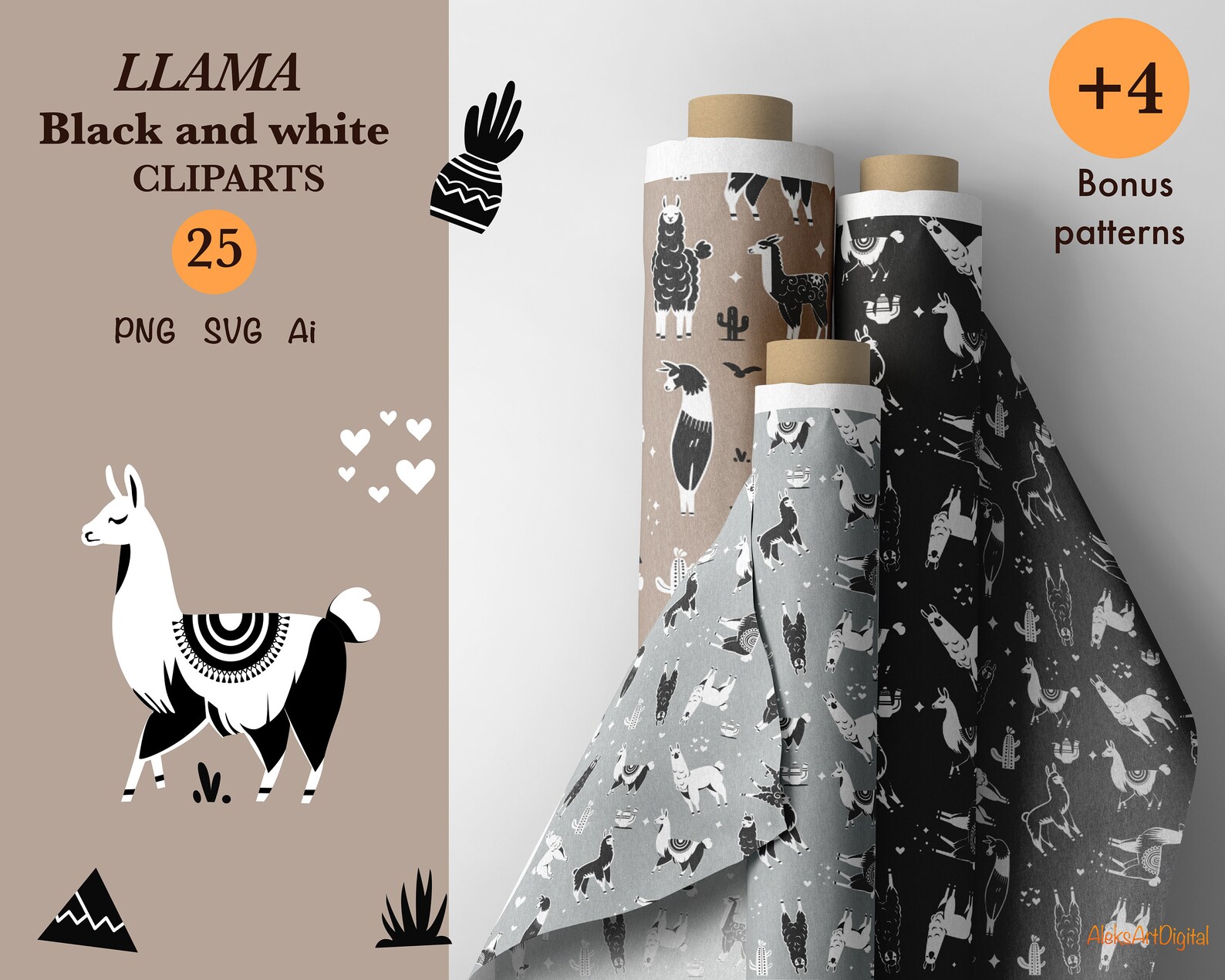 Alpaca Bundles SVG Black and White Graphic Image of Llamas. Set of 25 ...