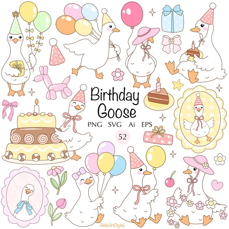 Hand Drawn Goose Birthday Clipart Set, Party Animals SVG PNG - Etsy