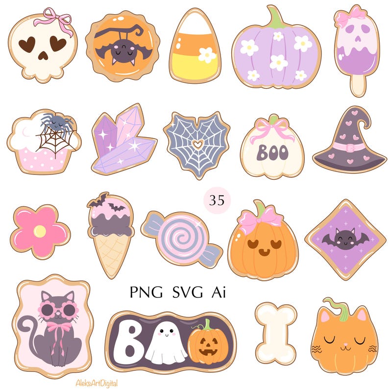 Halloween Sugar Cookies Clipart: Kawaii Spooky PNG SVG AI (digital ...