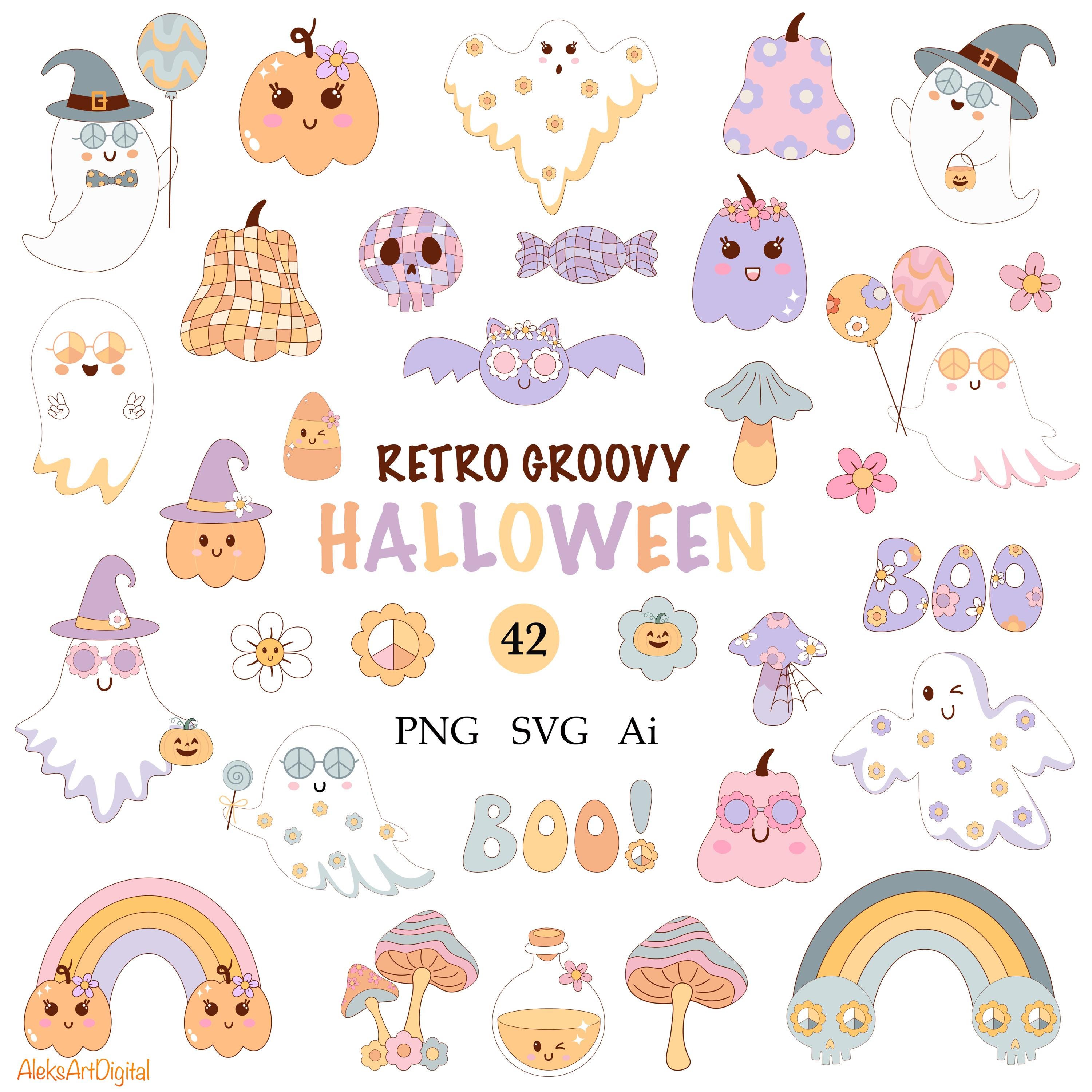 Groovy Halloween Clipart PNG Retro 70s Style, Bundle of Digital Graphic ...