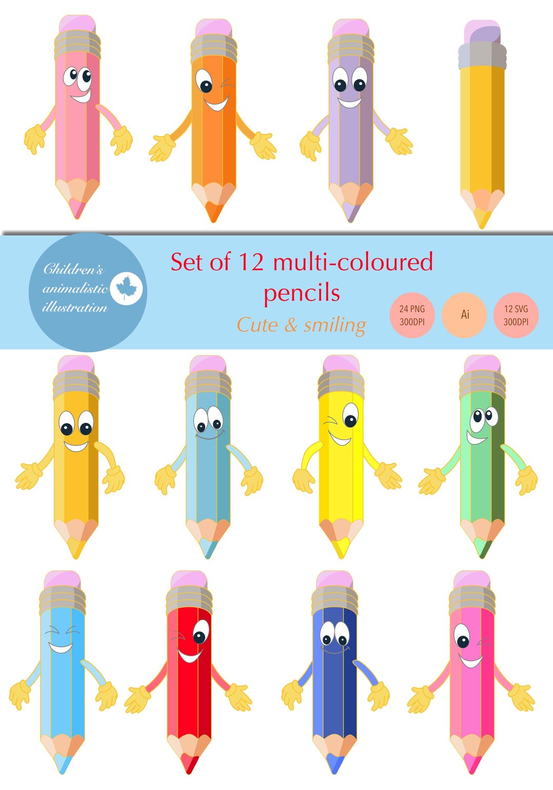 Colored Pencils Set, Stickers for Children, Hand Drawing in PNG, Ai ...