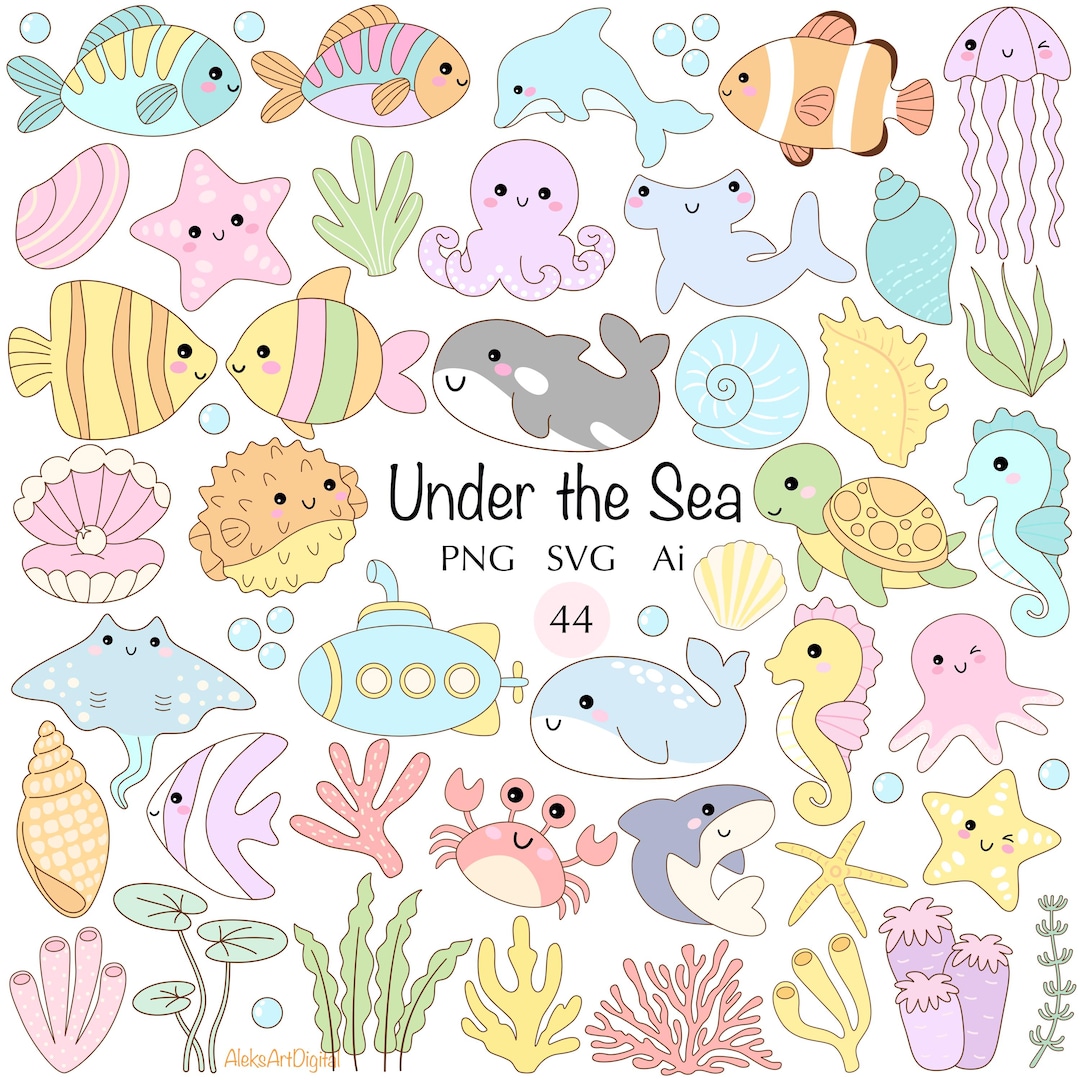 Pastel Sea Creatures Clipart: Kawaii Ocean Animals SVG, PNG, AI ...