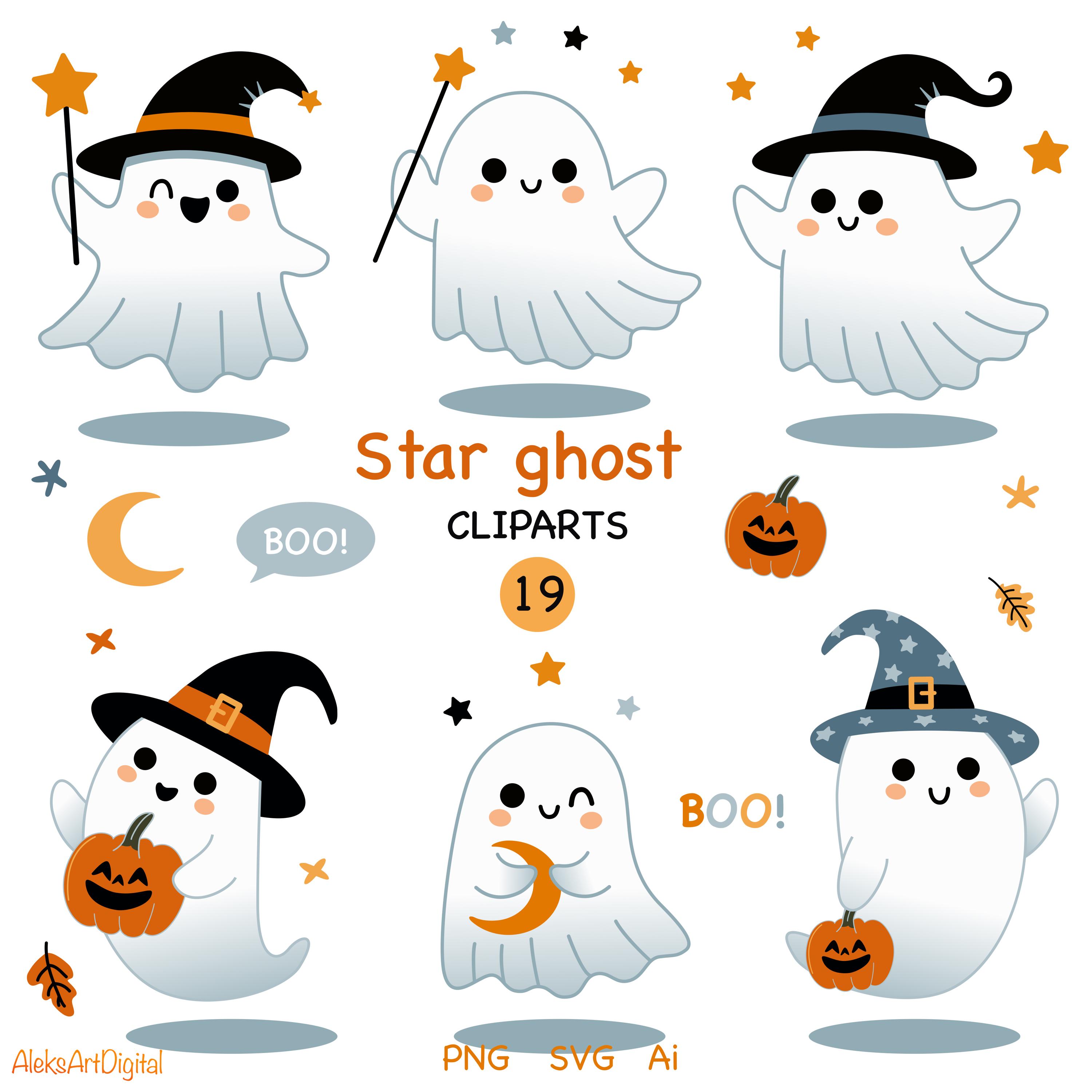 Ghost Star Clipart SVG, Set of Cute Cartoon Ghosts for Halloween PNG ...