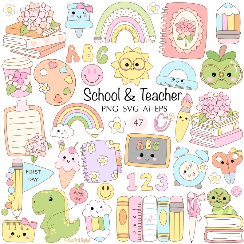 Pastel School Supplies Clipart, Teacher Graphics (SVG, PNG) - Etsy