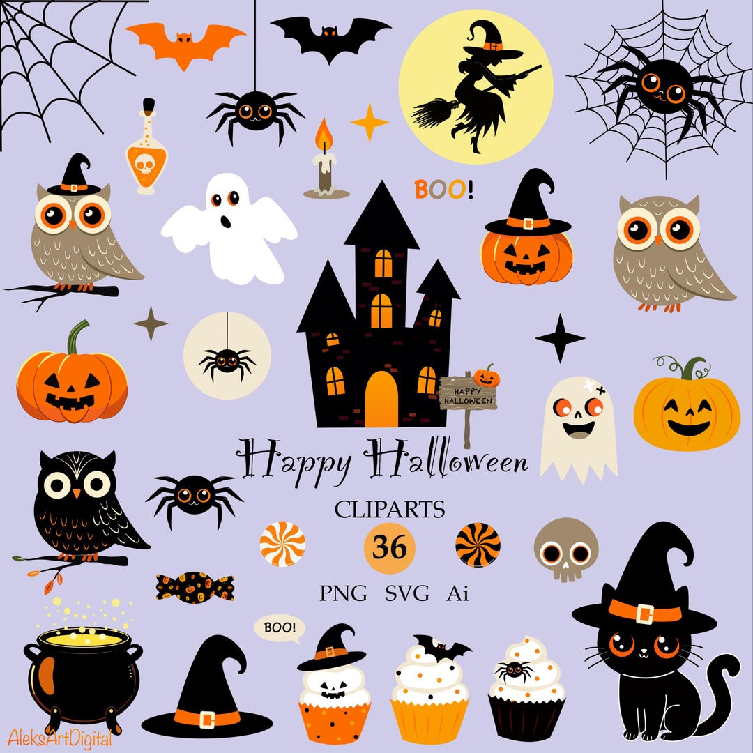Happy Halloween Cute Clipart SVG, Set of Vector Digital Elements Cute ...