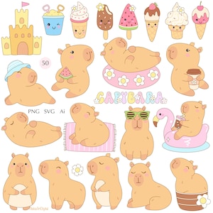 Summer Capybara Clipart: 50 Pastel Stickers, Kawaii PNG SVG (digital ...