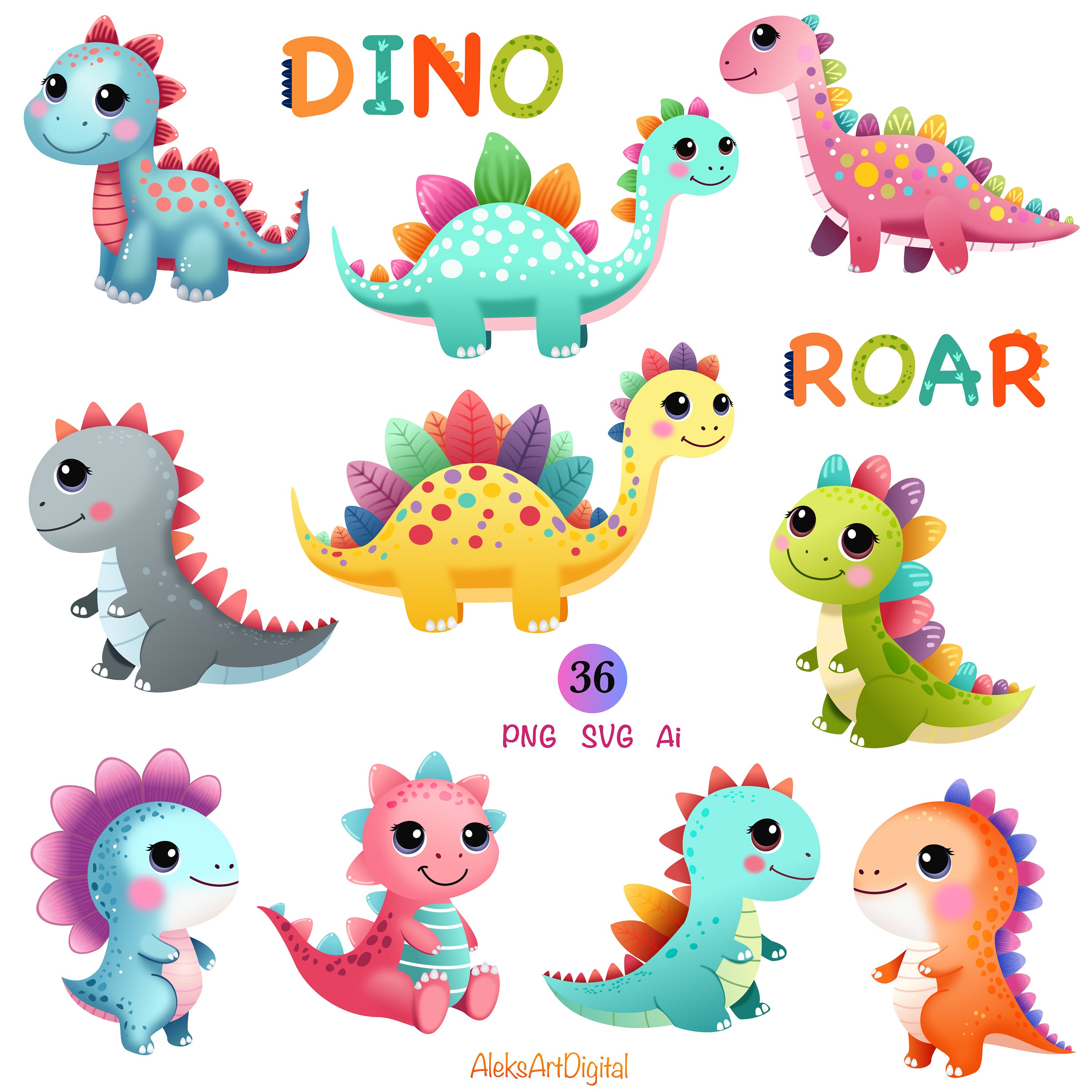 Dinosaur Clip Art 36 PNG, Dinosaurs Bundle in Watercolor Style SVG ...