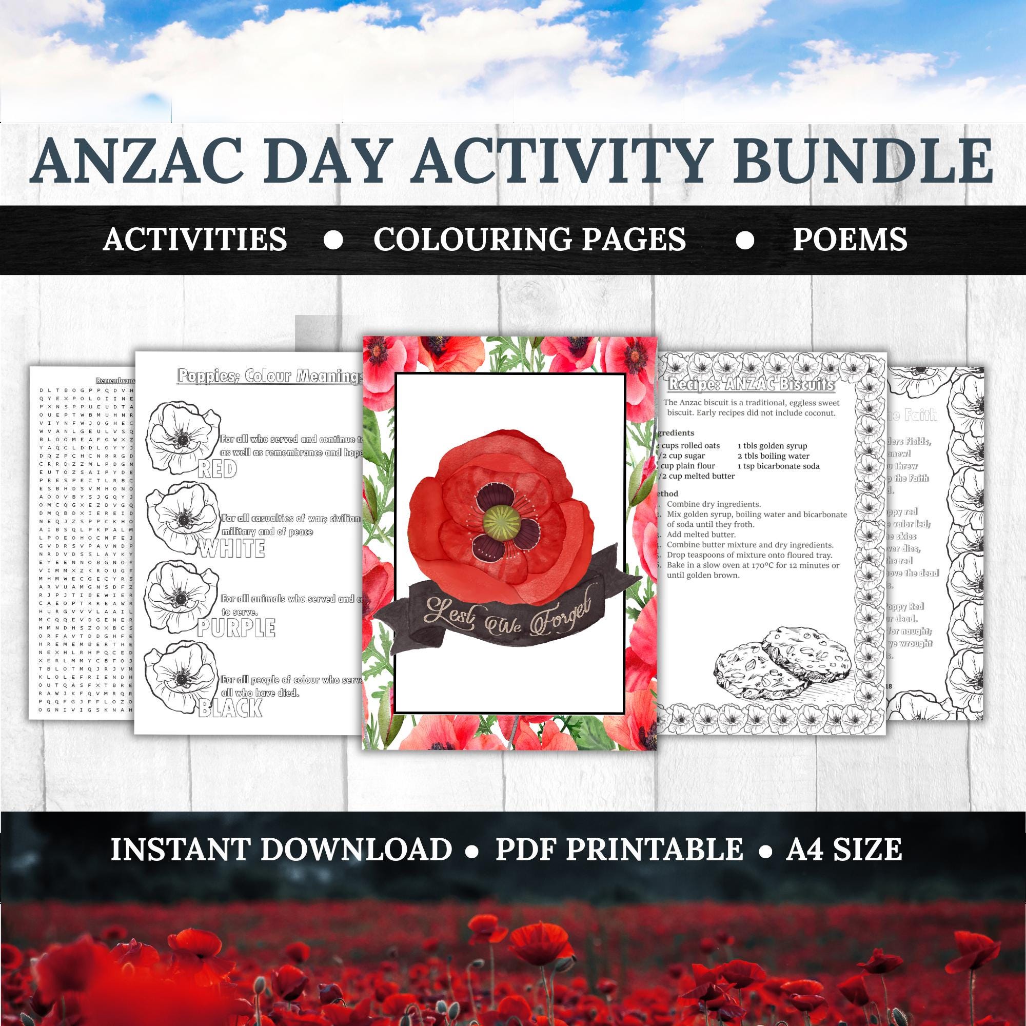 Anzac Remembrance Day Activity Bundle, Colouring Pages, Find A Word ...
