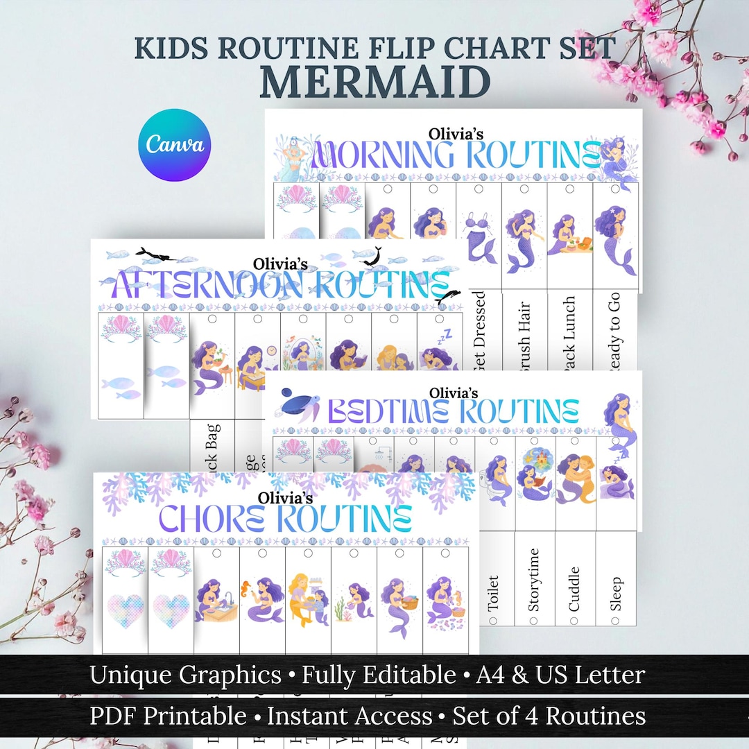 Kids Mermaid Flip Routine Chart Editable Printable, Morning Evening ...
