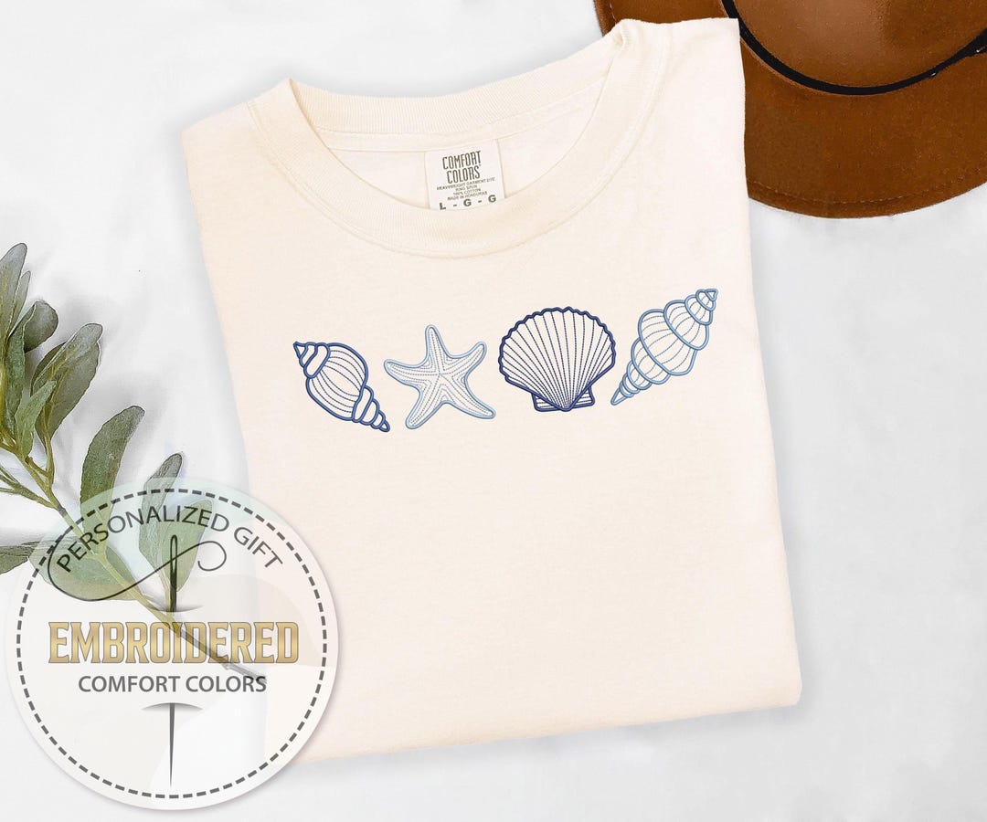 Embroidered Seashell Shirt, Embroidery Ocean Tee, Beach Lover Shirt ...