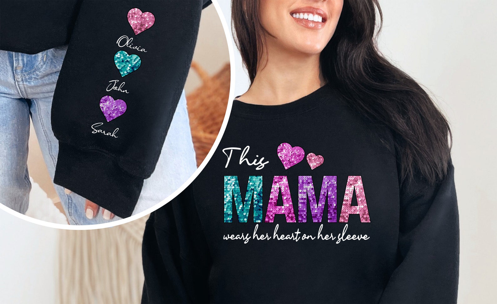 Custom Mama Sweatshirt With Kid Name on Sleeve, Personalized Mama ...